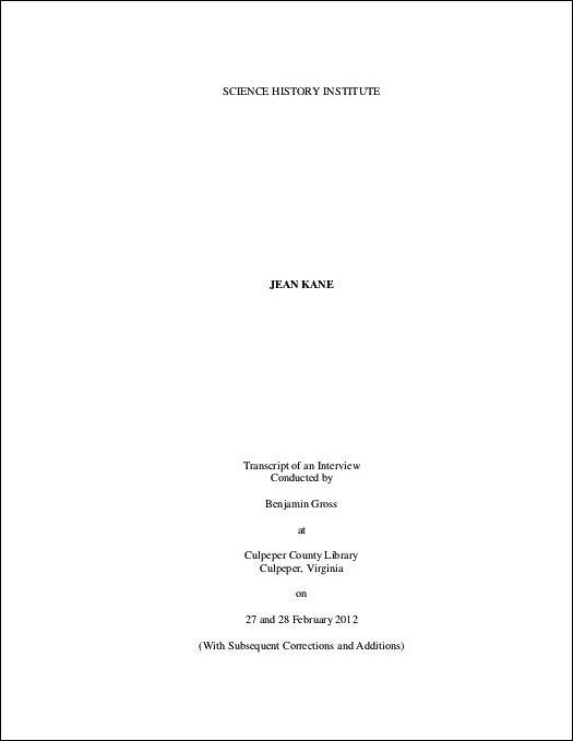 Oral history interview with Jean S. Kane - Science History Institute ...