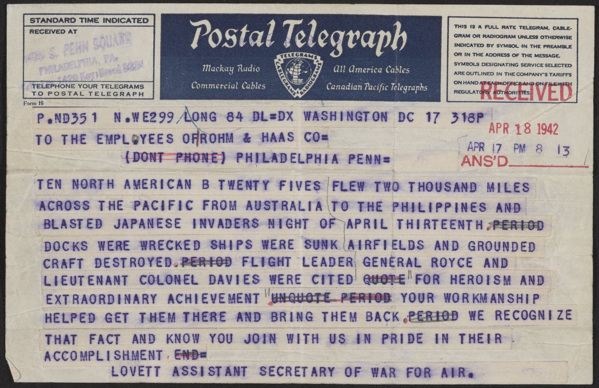 Telegraph from Robert A. Lovett to the employees of Rohm & Haas, April ...