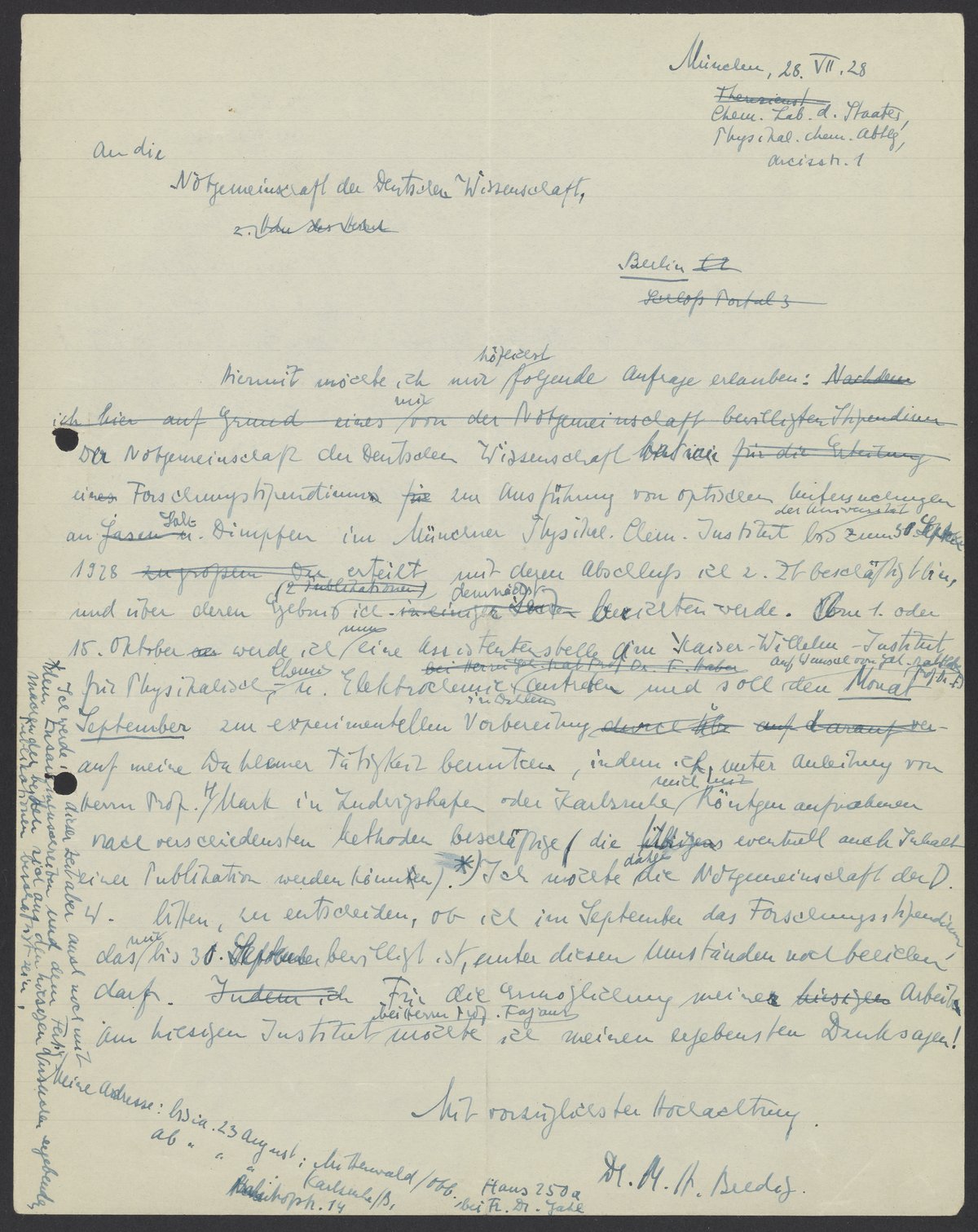 Letter draft from Max Bredig to the Notgemeinschaft, July 1928 ...