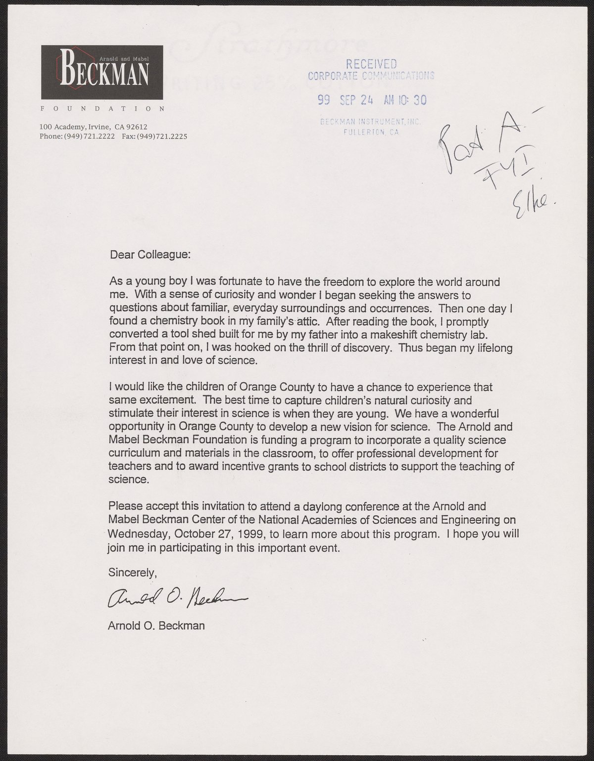 Letter from Arnold O. Beckman to potential Beckman@Science conference ...