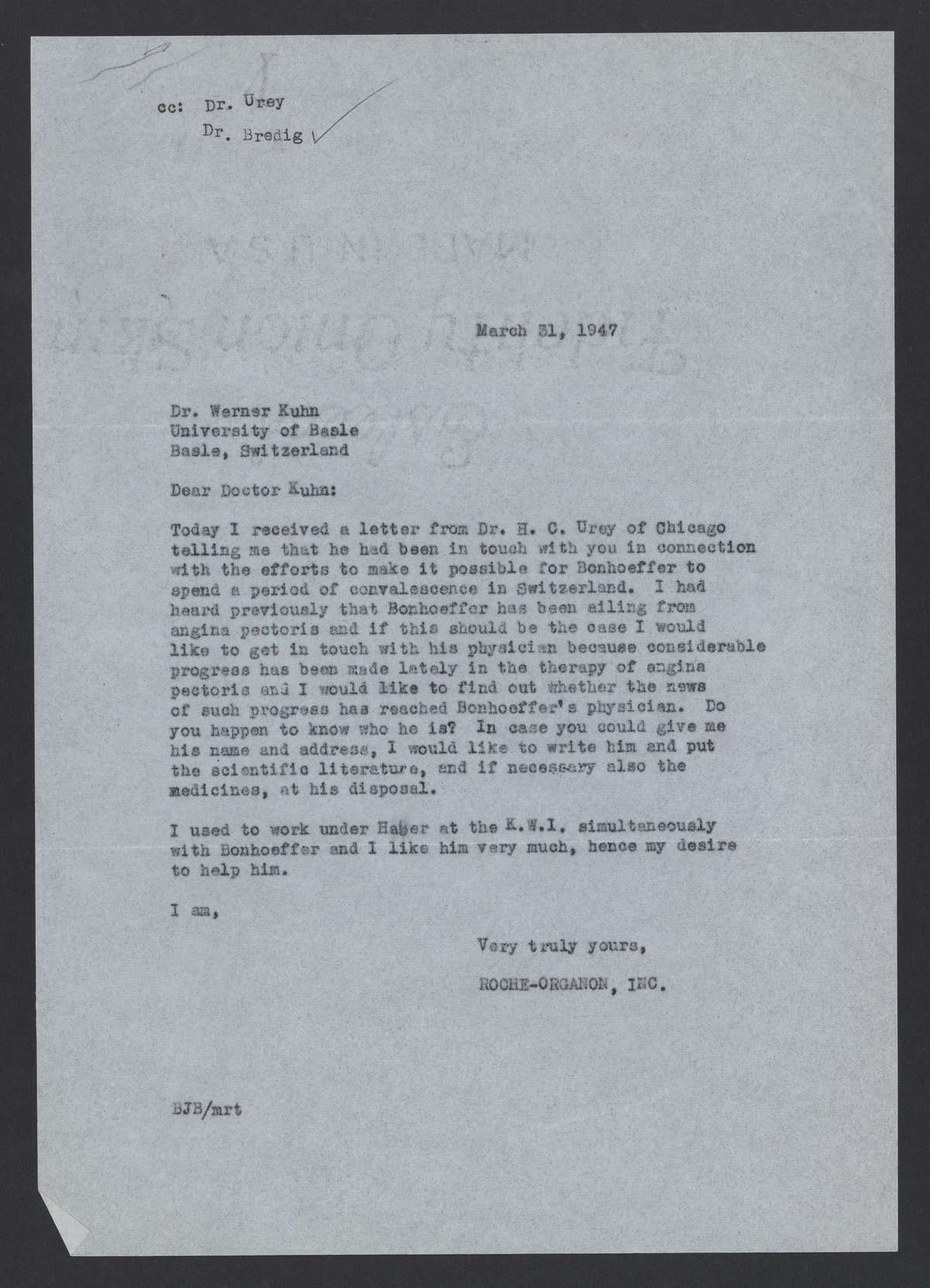 Letter from Bernard J. Brent to Werner Kuhn, March 31, 1947 - Science ...
