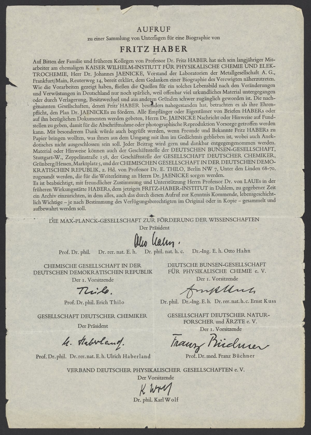 Appeal for a collection of documents for a biography of Fritz Haber ...