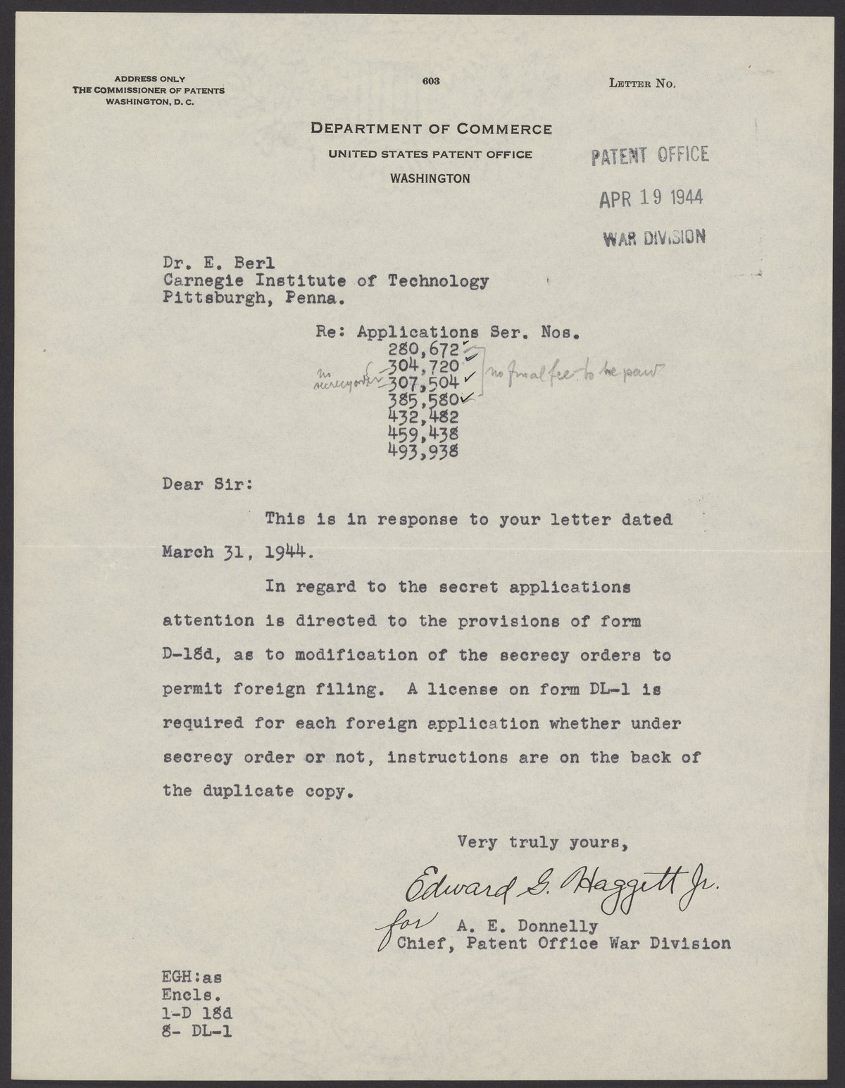 Letter from the United State Patent Office to Ernst Berl, April 19 ...