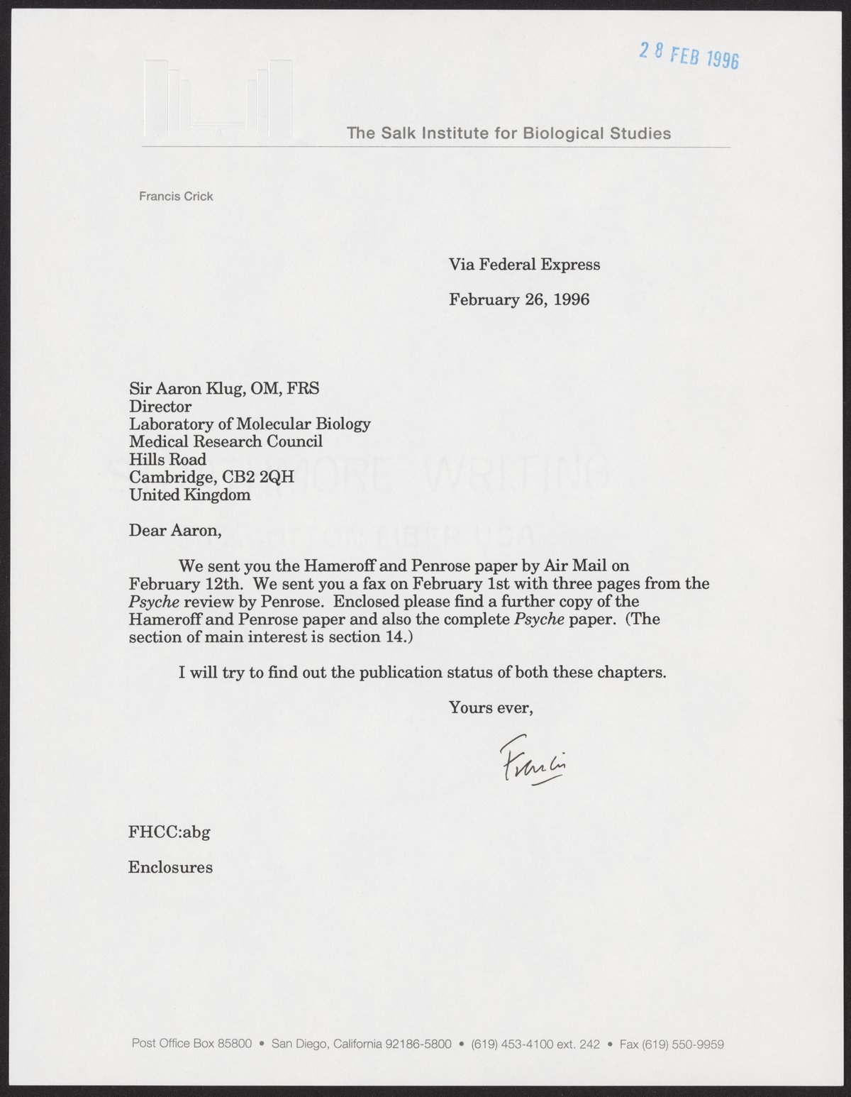 Letter from Francis Crick to Aaron Klug, February 26, 1996 - Science ...