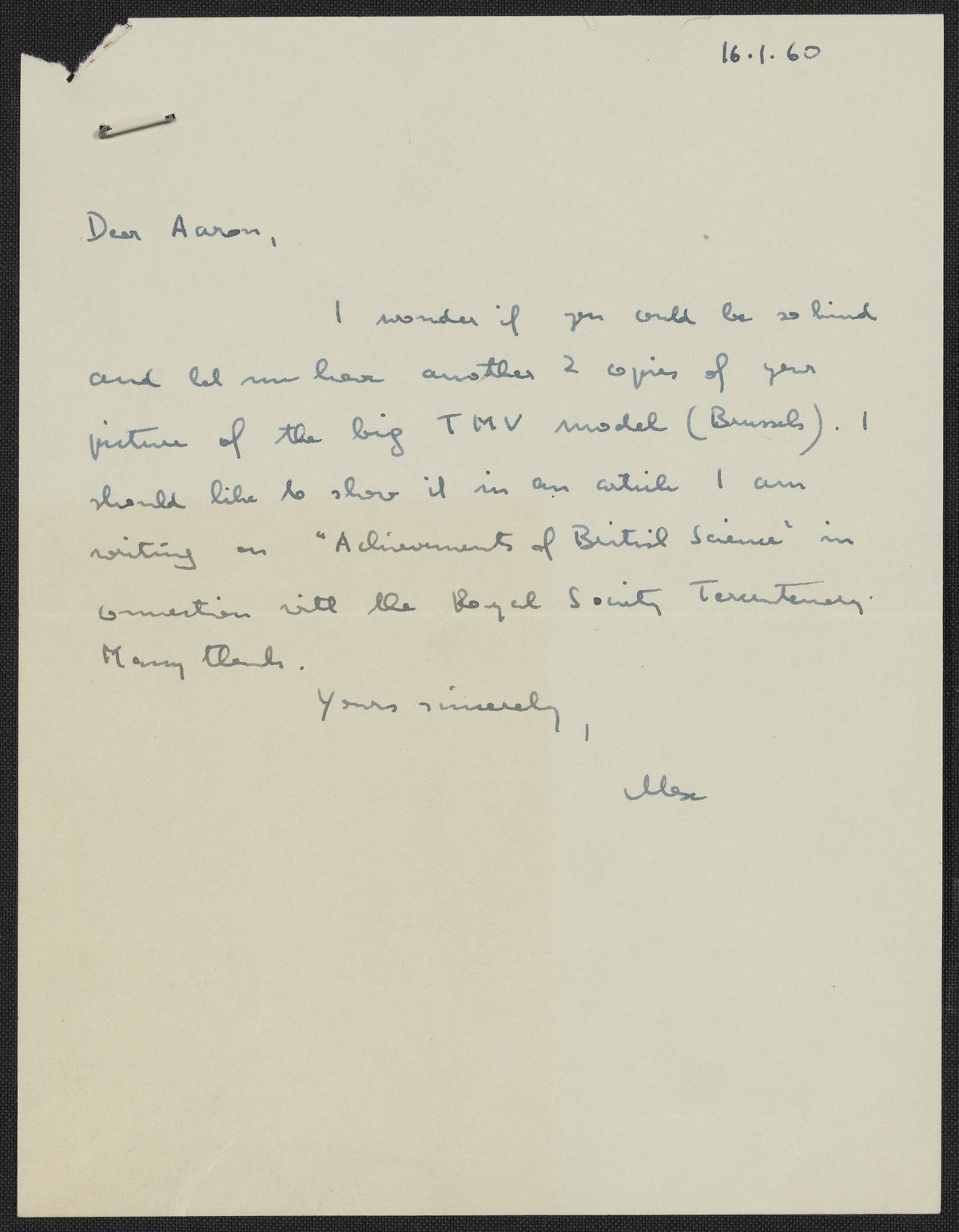 Letter from Max Perutz to Aaron Klug, January 16, 1960 - Science ...