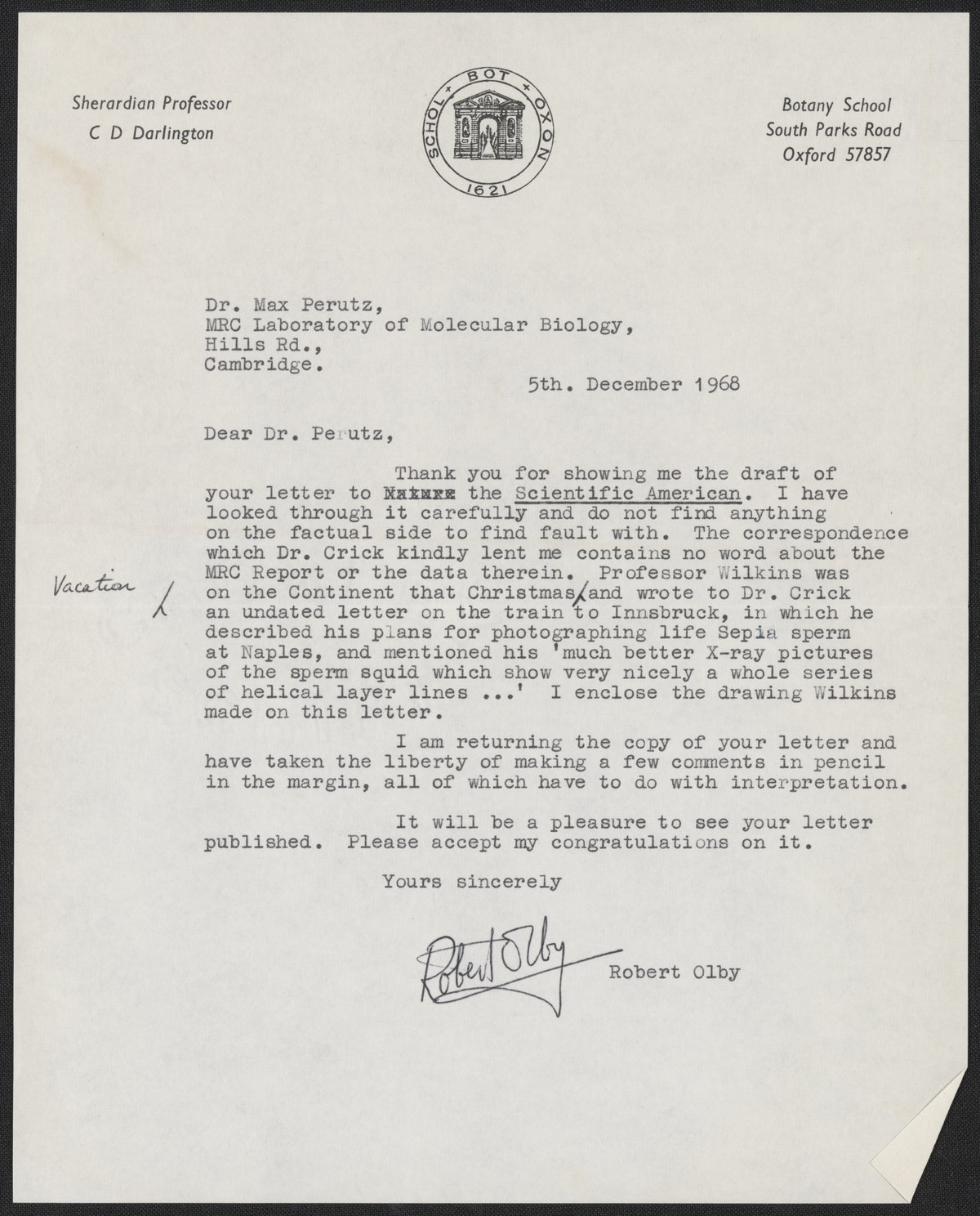 Letter from Robert Olby to Max Perutz, December 5, 1968 - Science ...
