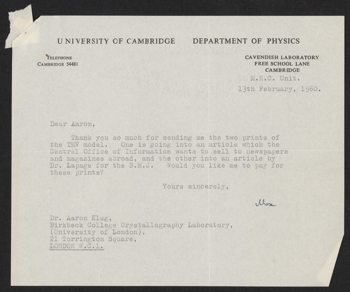 Letter from Max Perutz to Aaron Klug, February 13, 1960 - Science ...