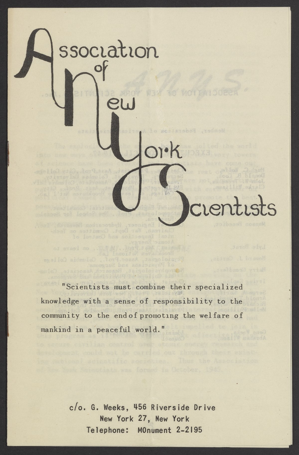 Association of New York Scientists 1947 newsletter - Science History ...