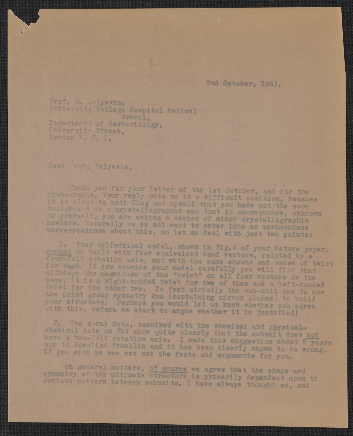 Letter from Francis Crick to George Belyavin, October 2, 1963 - Science ...