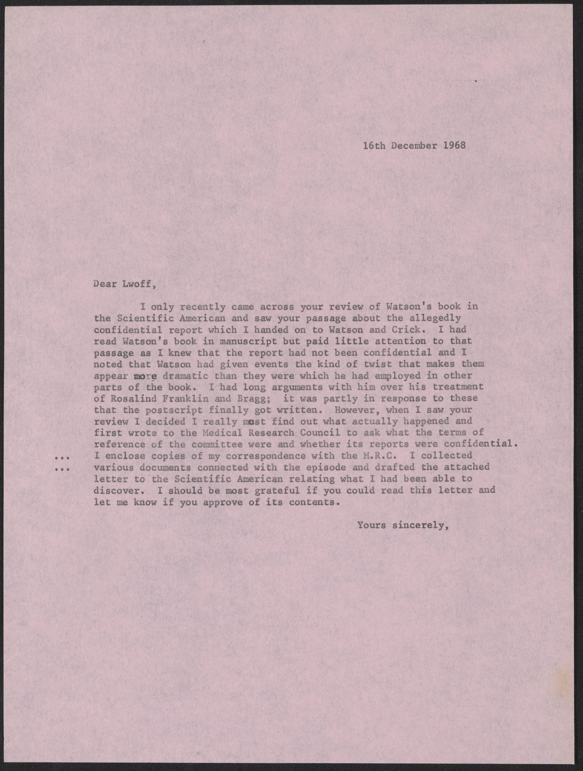 Letter from Max Perutz to André Lwoff, December 16, 1968 - Science ...