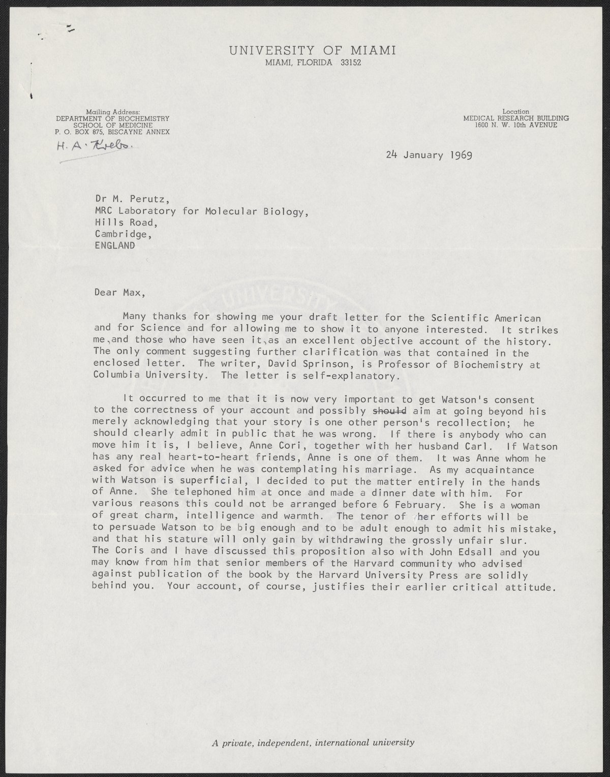 Letter from Hans A. Krebs to Max Perutz, January 24, 1969 - Science ...