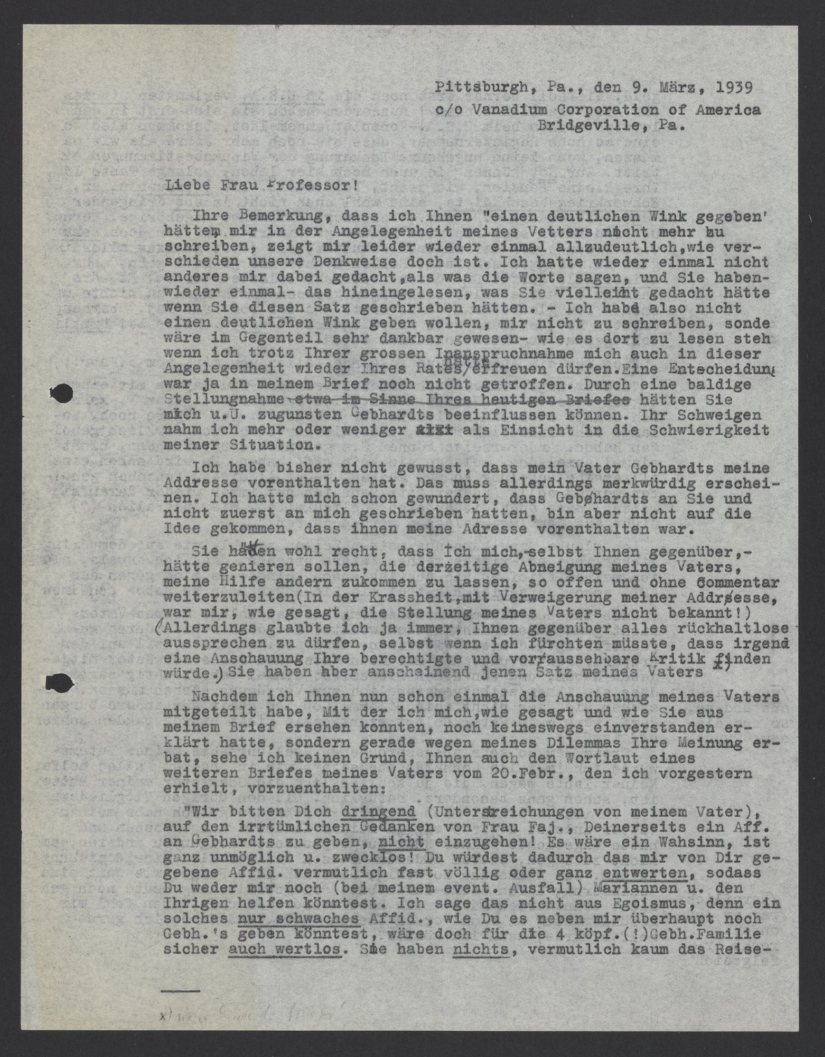 Letter from Max Bredig to unidentified recipient, March 9, 1939 ...