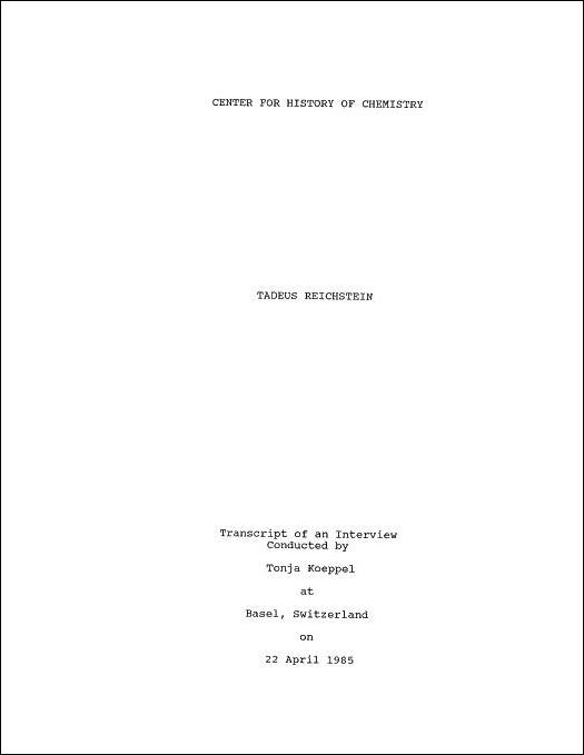 Oral history interview with Tadeus Reichstein - Science History ...