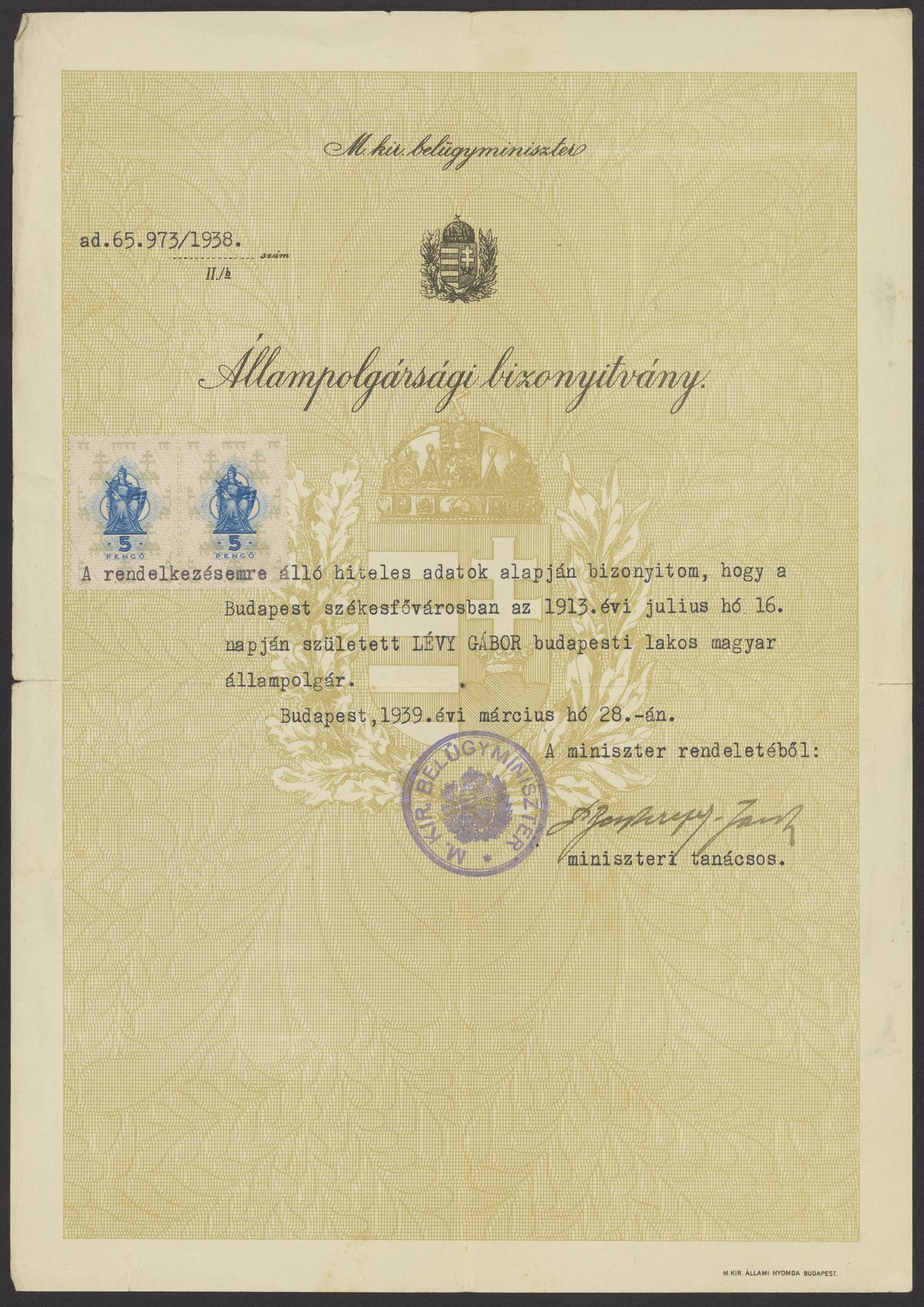 Gabor B. Levy's Hungarian citizenship certificate - Science History ...