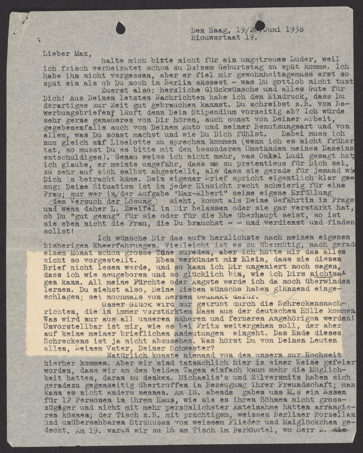 Letter from Eva and Alfred Schnell to Max Bredig, June 19, 1938 ...