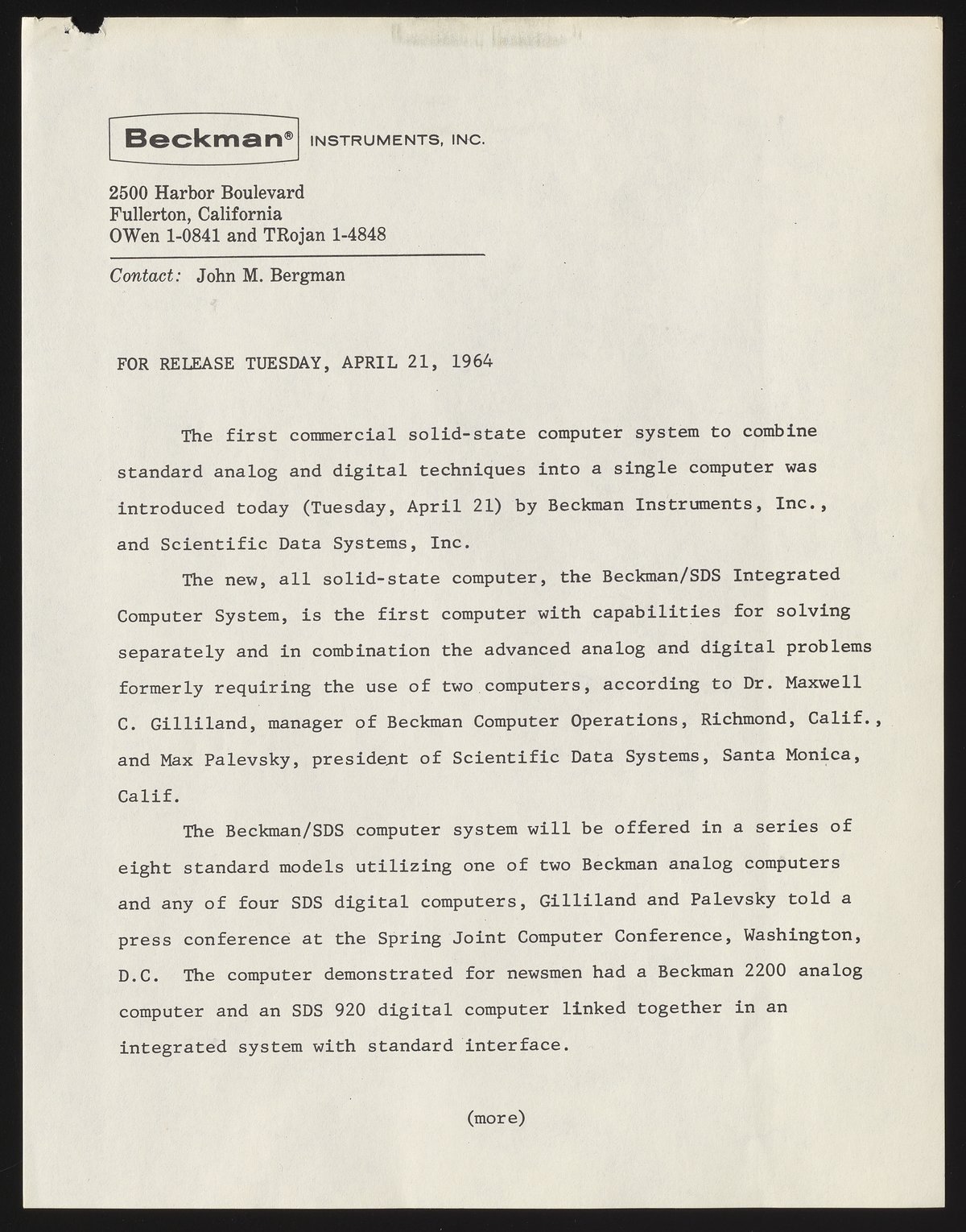 Beckman/SDS Integrated Computer System press release - Science History ...