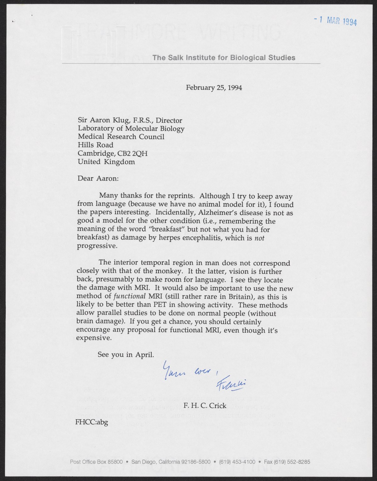 Letter from Francis Crick to Aaron Klug, February 25, 1994 - Science ...
