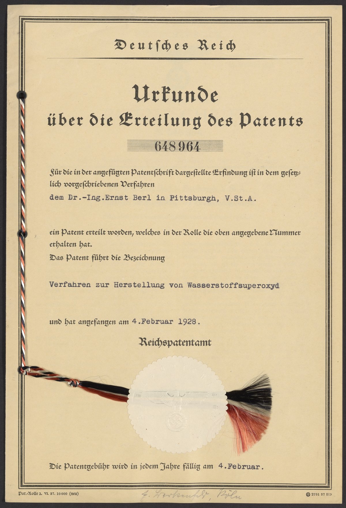 German patent for the process of producing hydrogen peroxide - Science ...