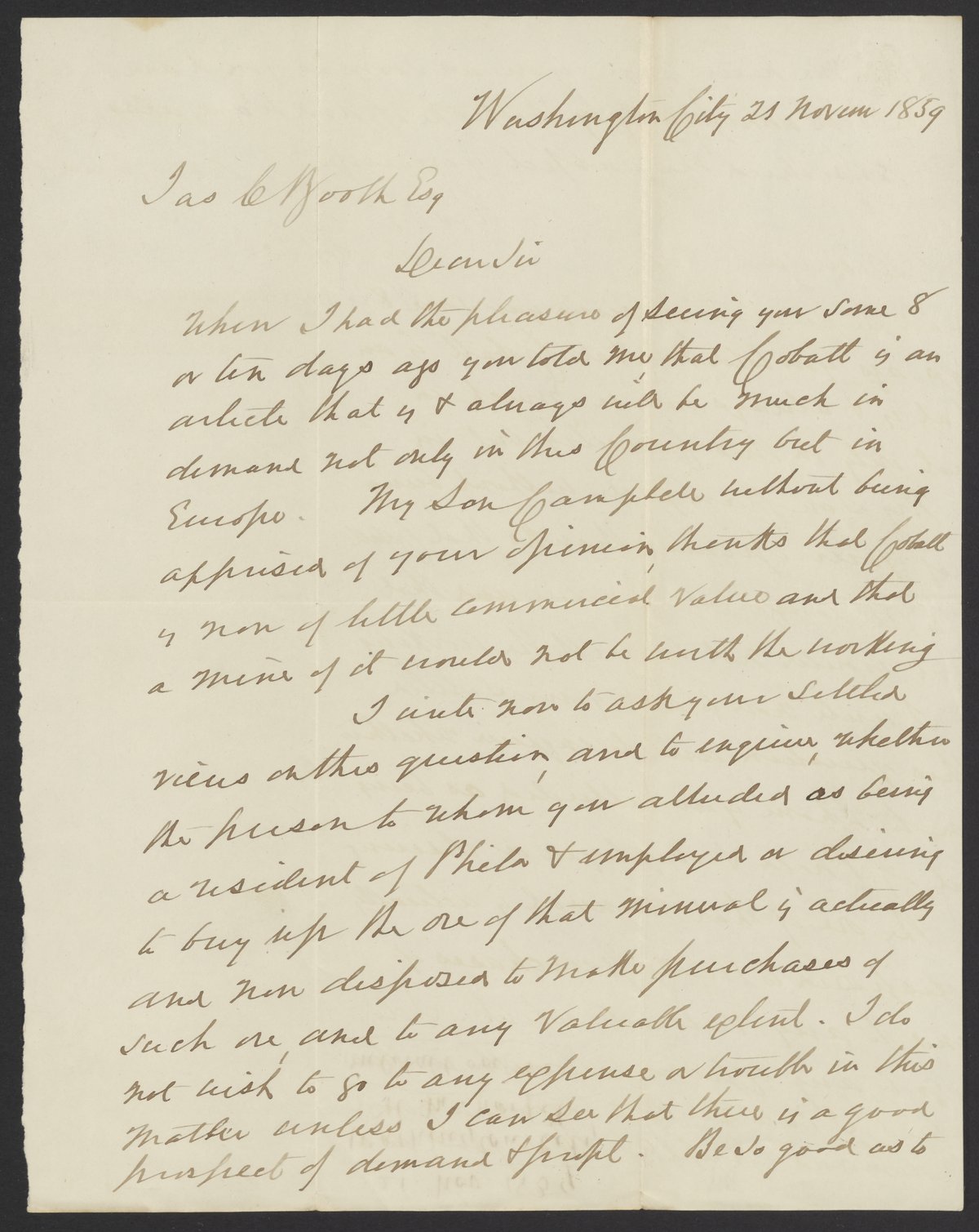 Letter from Henry M. Morfit to James Curtis Booth, November 20, 1859 ...