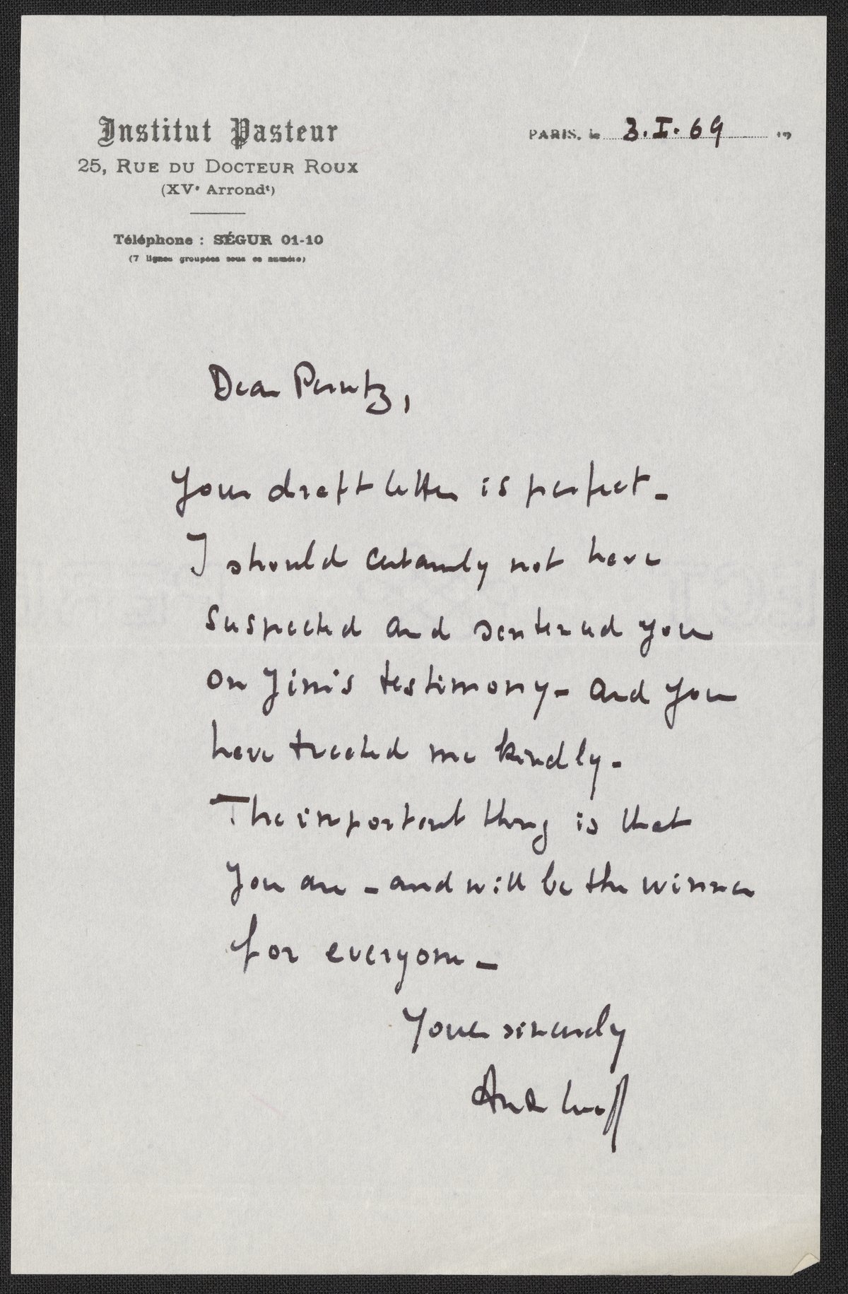 Letter from André Lwoff to Max Perutz, January 3, 1969 - Science ...