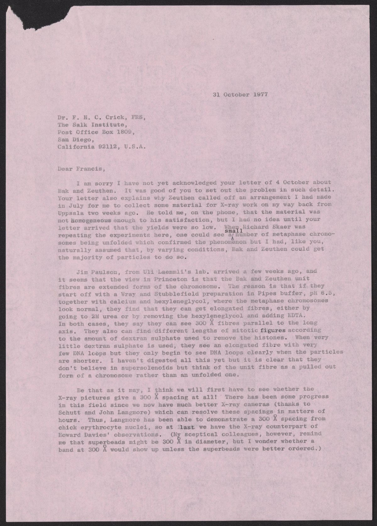 Letter from Aaron Klug to Francis Crick, October 31, 1977 - Science ...