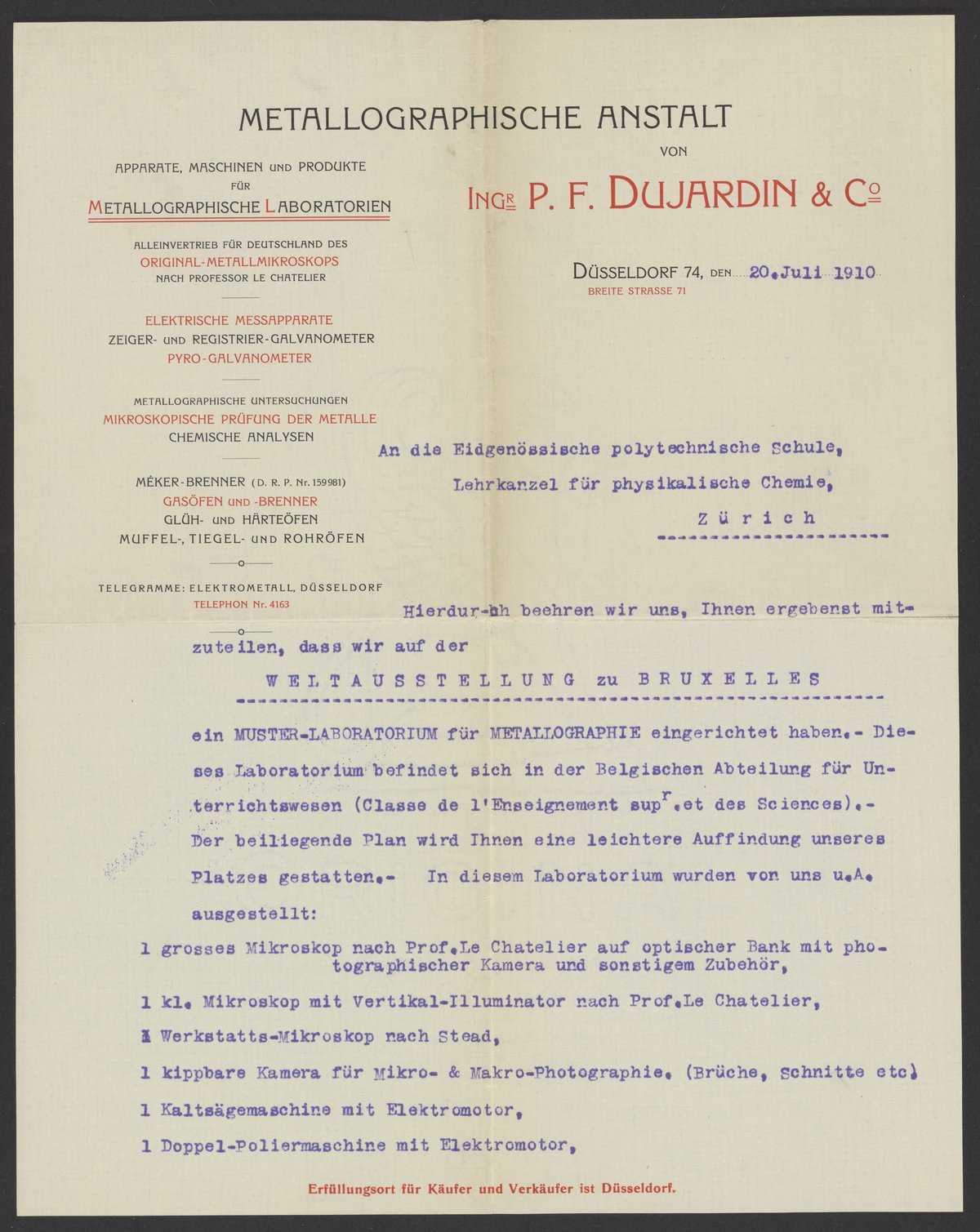 Letter from P.F. Dujardin & Co. advertising machines and products for ...