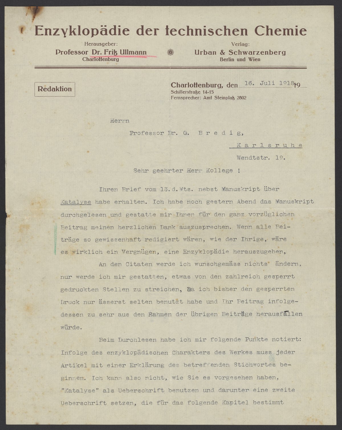 Letter from Fritz Ullmann to Georg Bredig, July 1918 - Science History ...