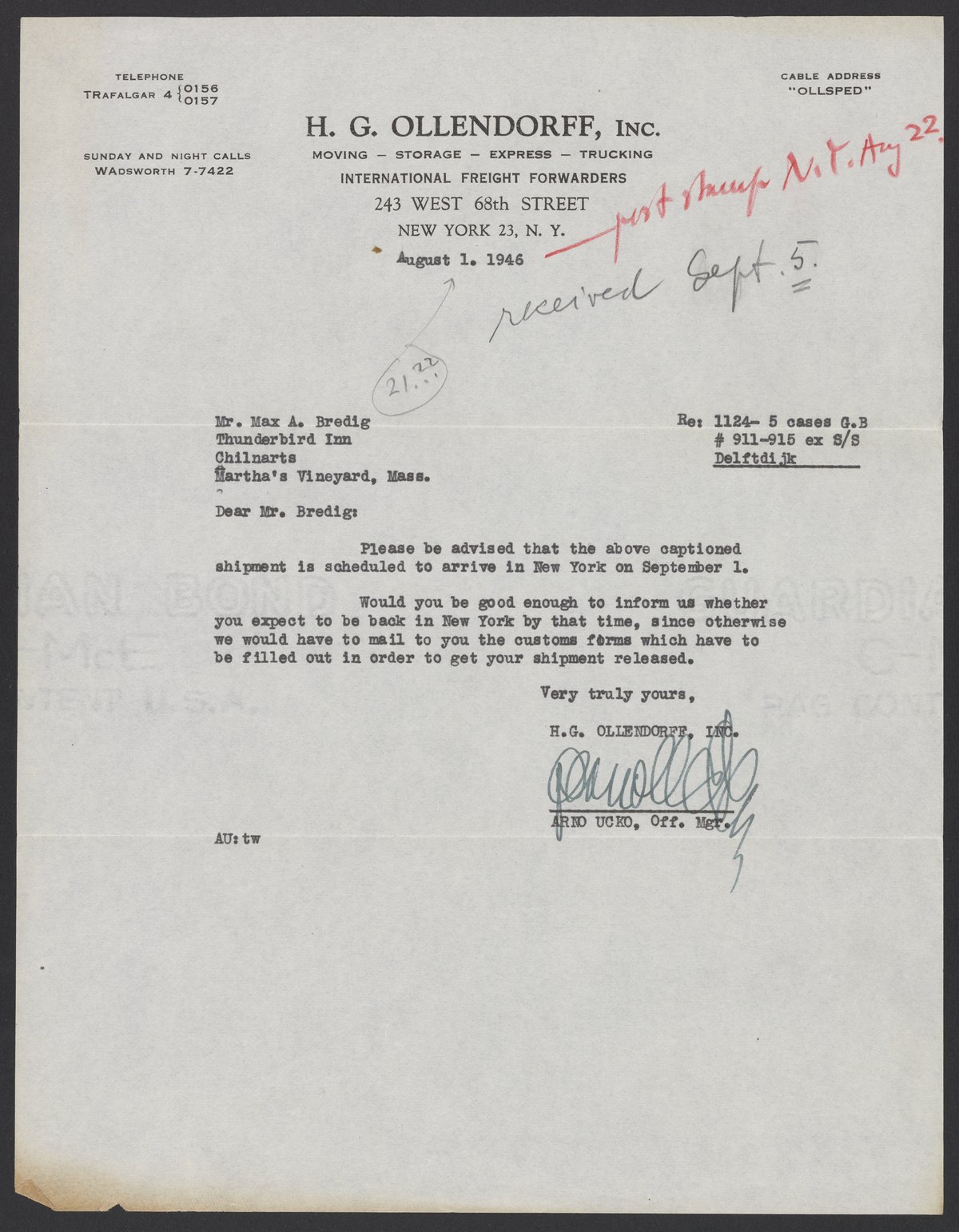 Letter from H. G. Ollendorff, Inc. to Max Bredig, August 1, 1946 ...
