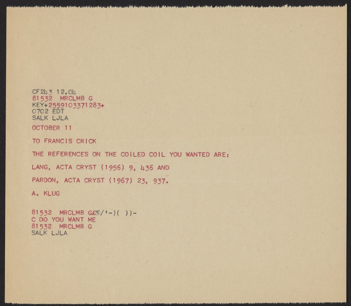 Telex from Aaron Klug to Francis Crick, October 11, 1978 - Science ...