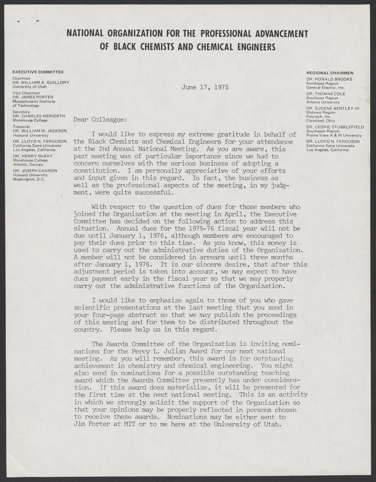 Letter from William A. Guillory, June 17, 1975 - Science History ...