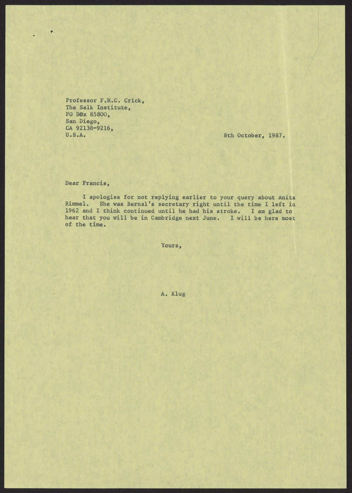 Letter from Aaron Klug to Francis Crick, October 8, 1987 - Science ...