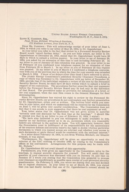 In the Matter of J. Robert Oppenheimer: Texts of Principal Documents ...